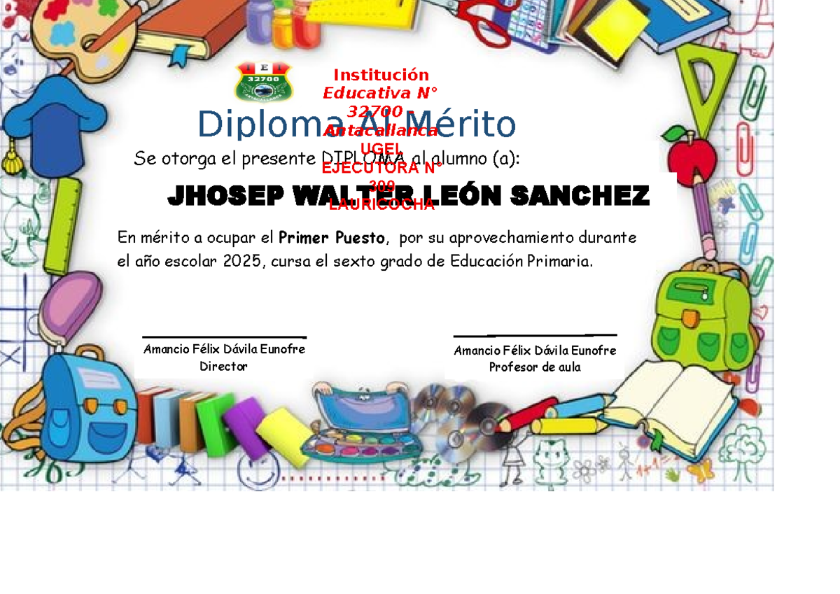 Diploma Al Mérito para Primaria - Institución Educativa 32700 - Studocu