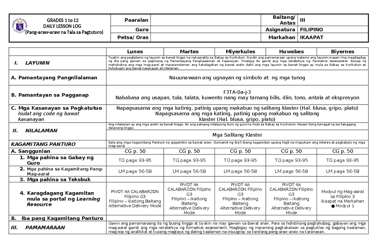 FIL W1Q4 - dll grade 3 - GRADES 1 to 12 DAILY LESSON LOG (Pang-araw ...