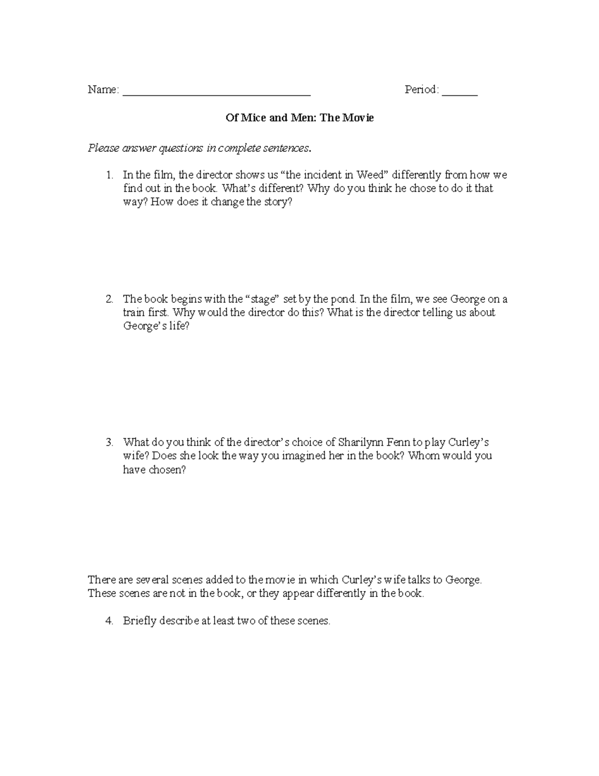 Of Mice and Men (Film) Analysis Questions for Discussion - Studocu