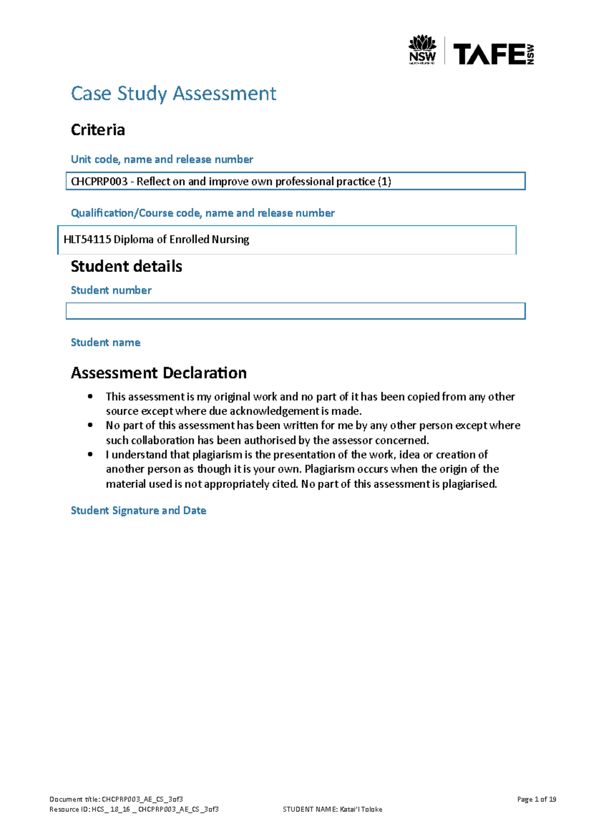 Chcprp 003 AE CS - Completed Assignment. - Case Study Assessment Criteria Unit code, name and ...