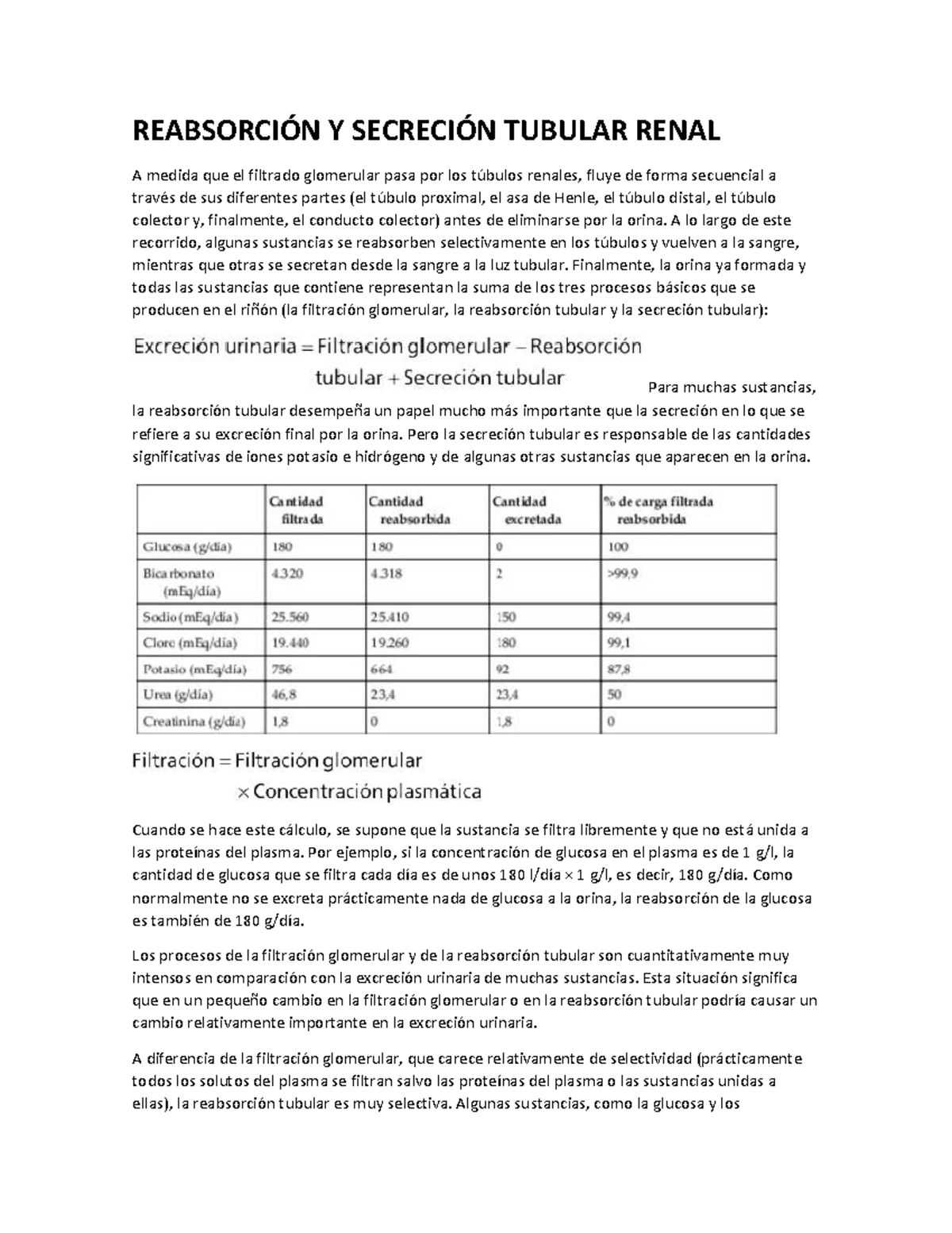 Reabsorción y Secreción Tubular Renal: Mecanismos y Funciones - Studocu