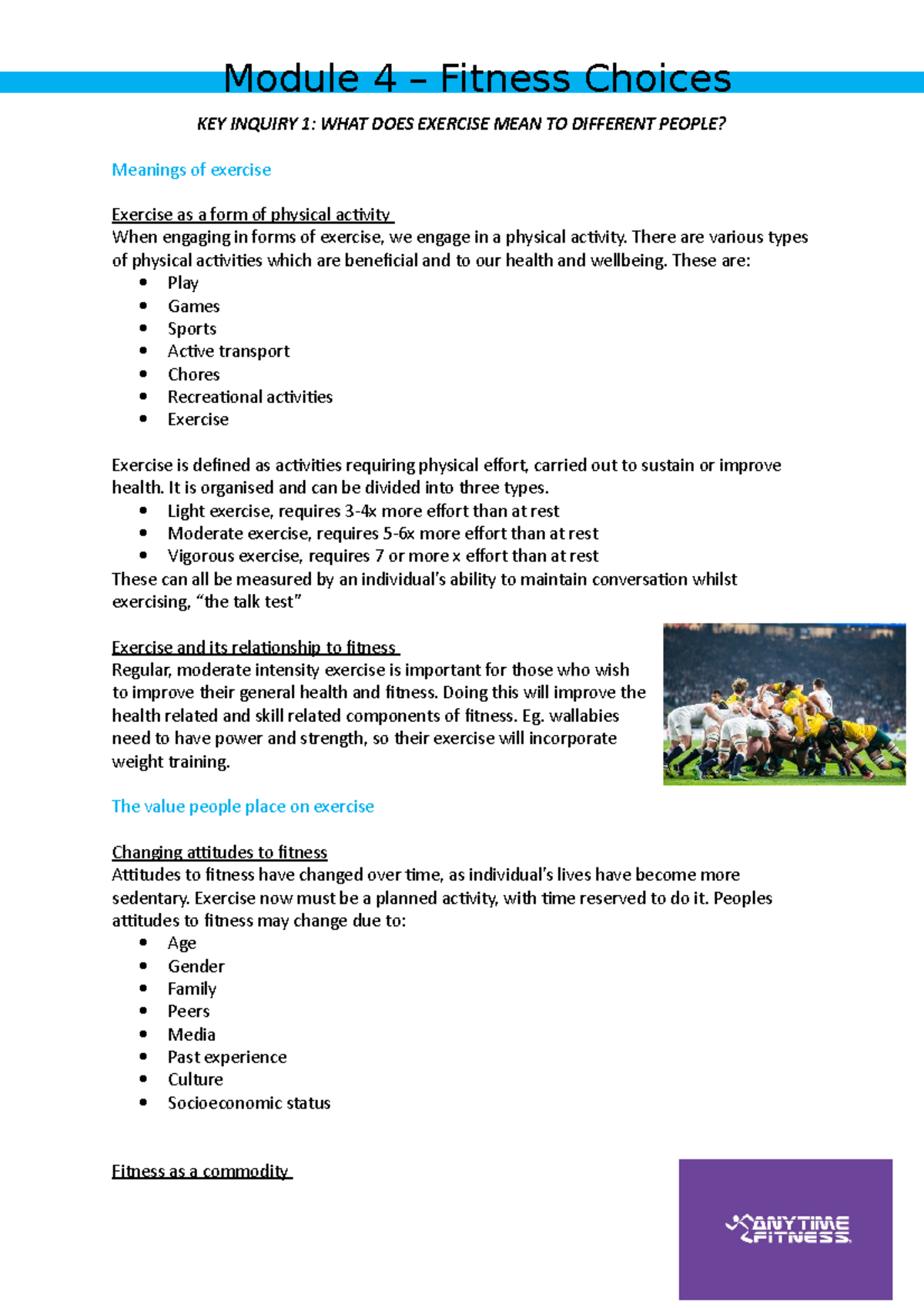 Module 4 - Fitness Choices - KEY INQUIRY 1: WHAT DOES EXERCISE MEAN TO ...