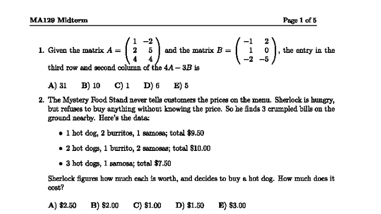 MA129 Midterm Exam Review: Key Concepts and Solutions - Studocu
