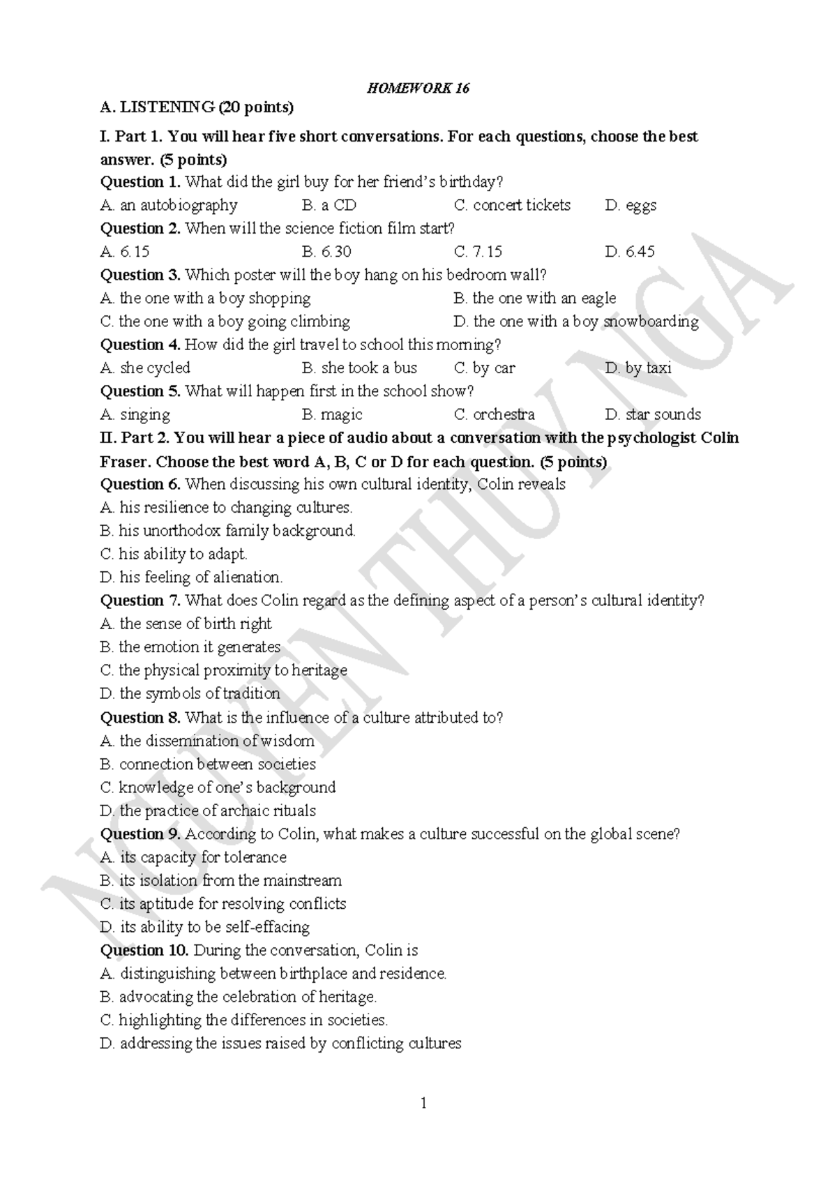 Listening Homework 16: Short Conversations & Audio Tasks - Studocu
