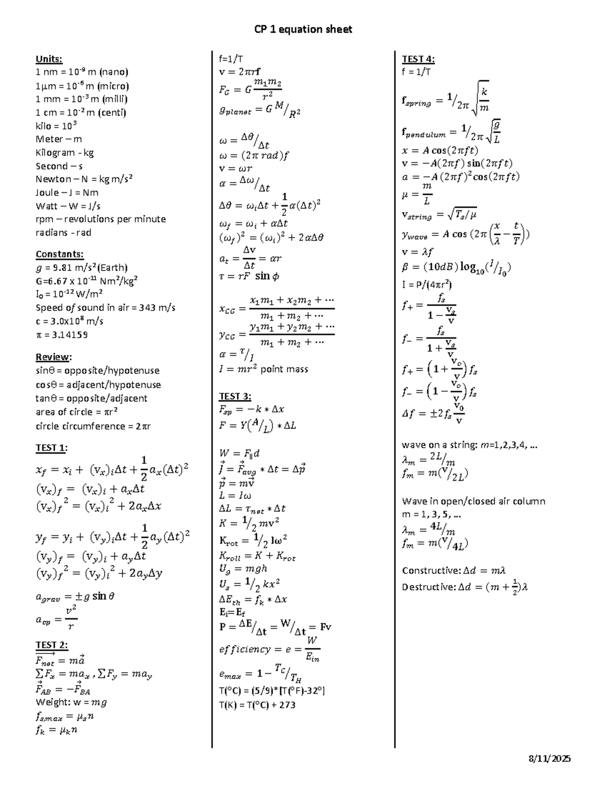 CP1 Physics Equation Sheet: Key Formulas & Constants - Studocu