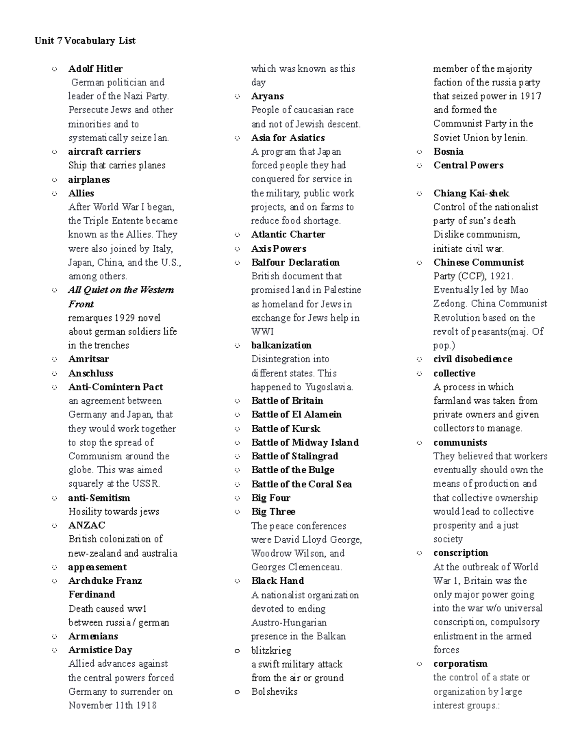 Unit 7 Vocabulary List: Key Terms from WWII and Its Aftermath - Studocu
