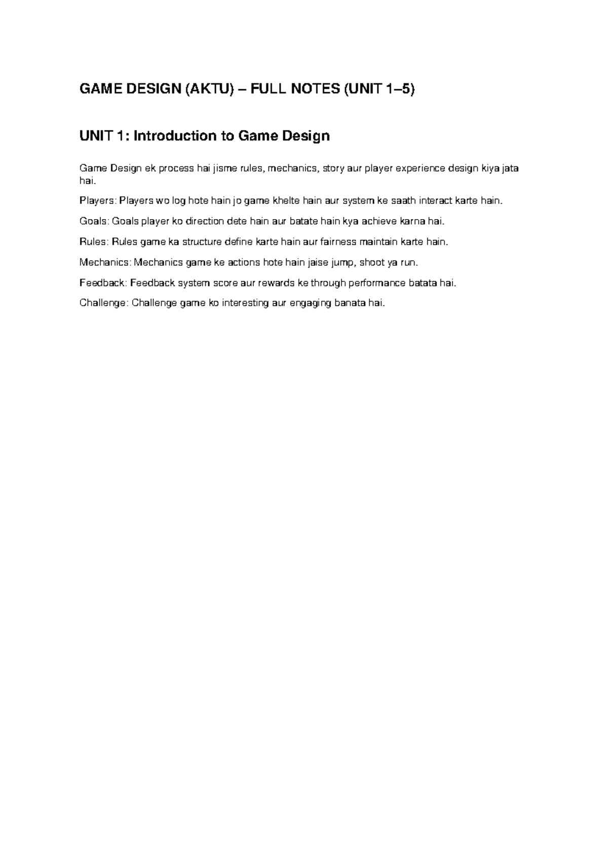 GAME DESIGN (AKTU) – COMPLETE NOTES (UNITS 1-5) - Studocu