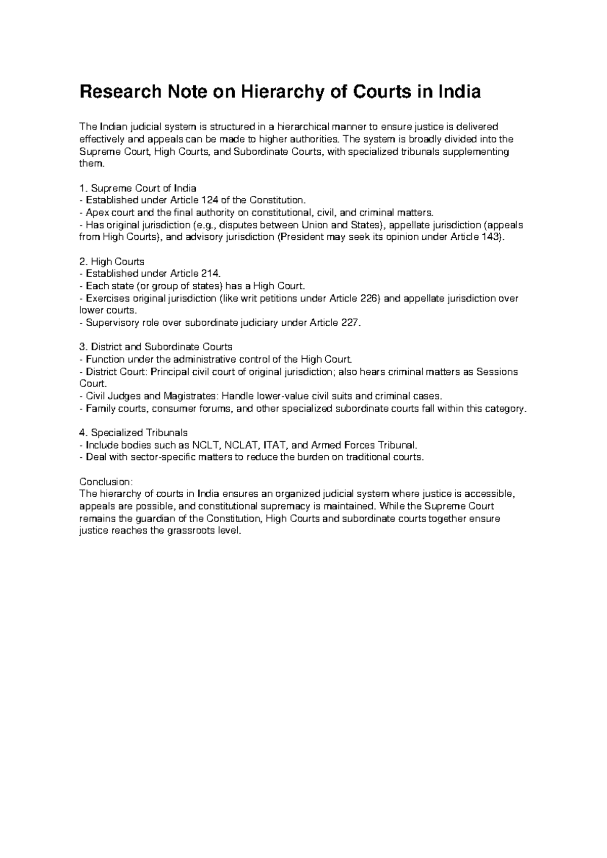 Research Note: Hierarchy of Courts in India - Studocu
