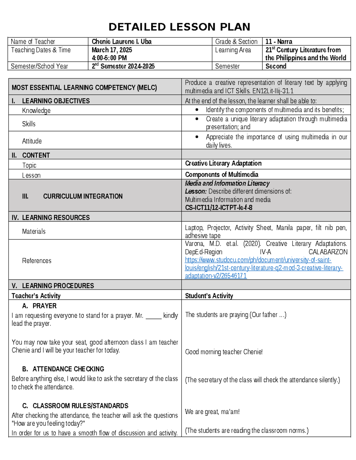 A Detailed Lesson Plan - DETAILED LESSON PLAN Name of Teacher Chenie ...