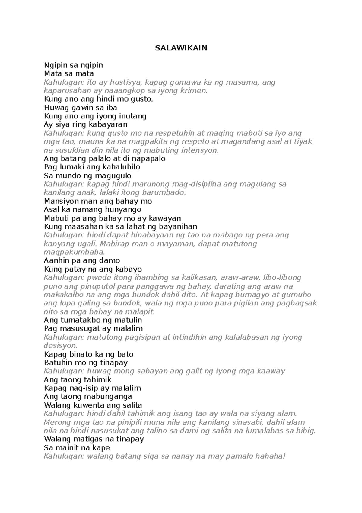 Salawikain at Bugtong: Halimbawa at Kahulugan - Studocu