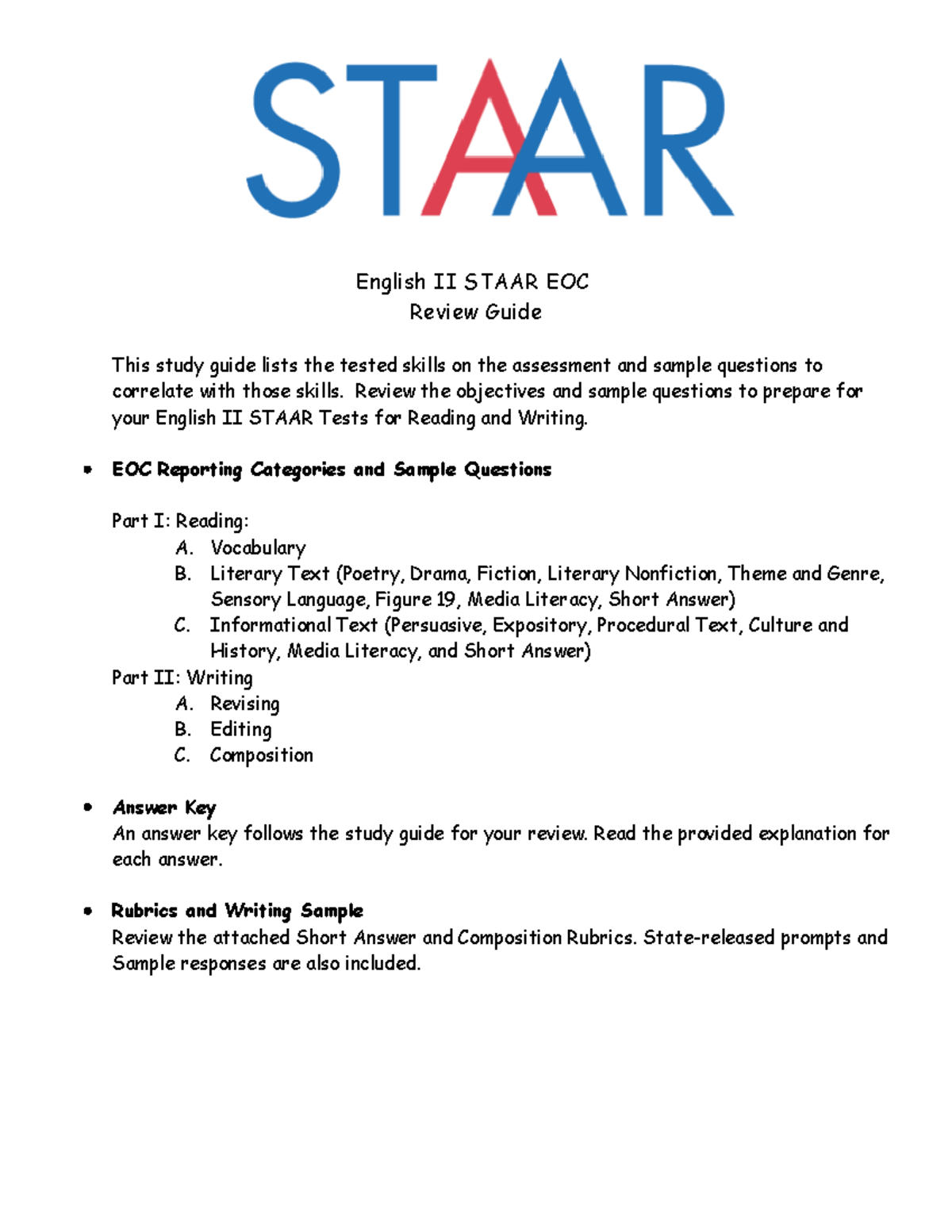 English II STAAR EOC Review: Key Skills & Sample Questions - Studocu