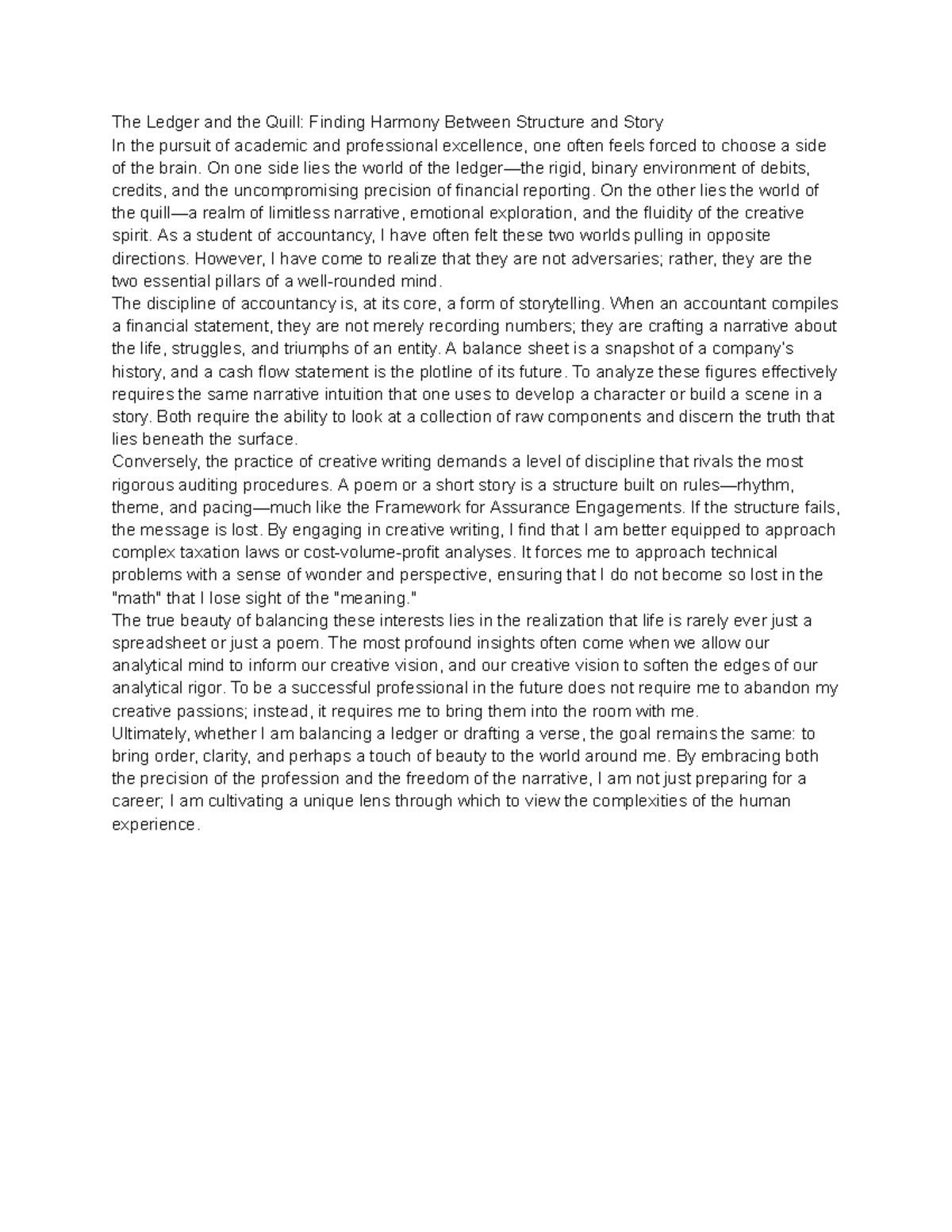 The Ledger and the Quill: An Essay on Accountancy and Creativity - Studocu