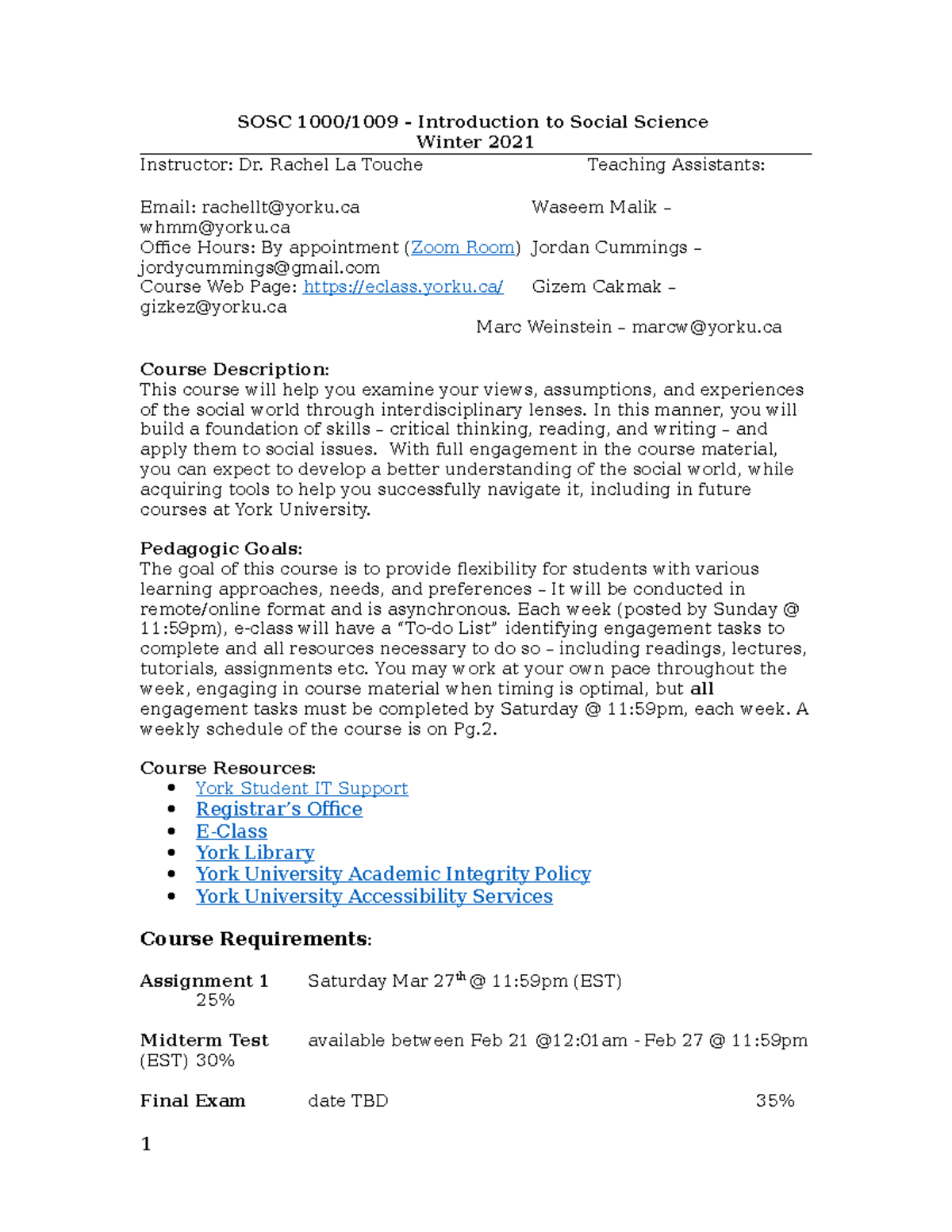 SOSC 1000 Winter 2021 Course Syllabus & Outline Details - Studocu