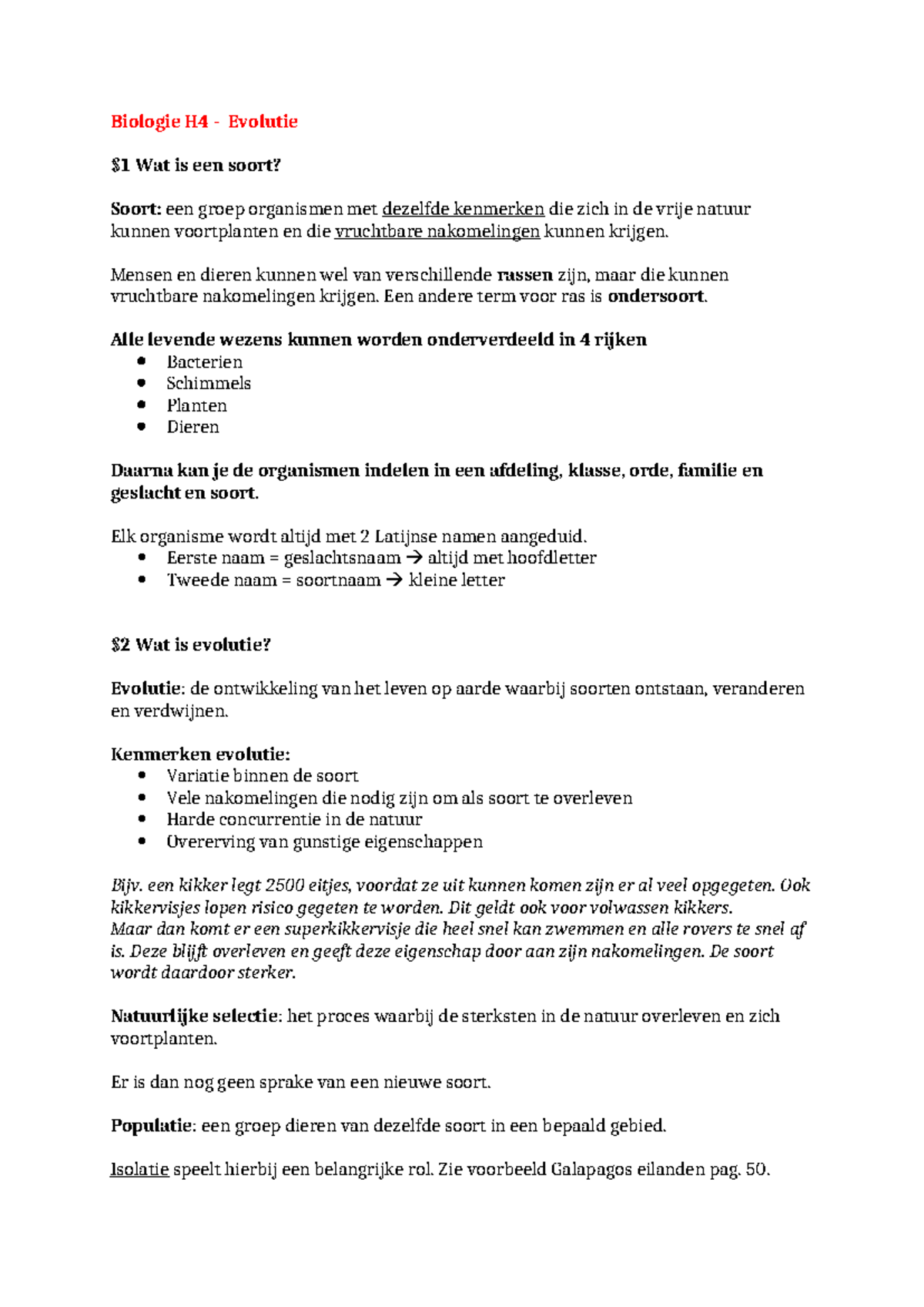 Biologie H4 – Evolutie - Samenvatting Hoofdstuk 4 en Geschiedenis van ...