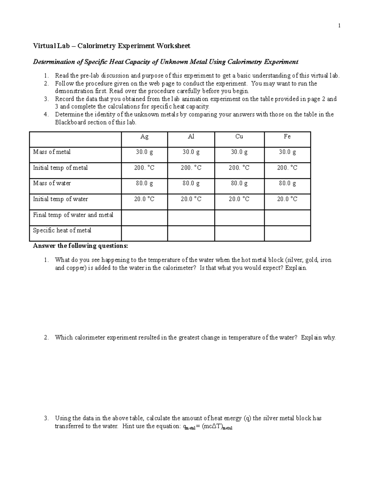 Virtual Lab Worksheet: Calorimetry & Specific Heat Capacity Analysis ...