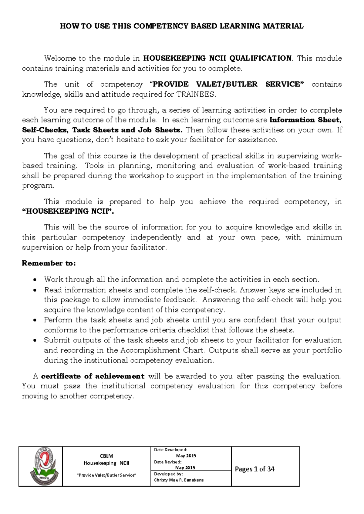 Provide Valet/Butler Service - CBLM Housekeeping NCII Module - Studocu