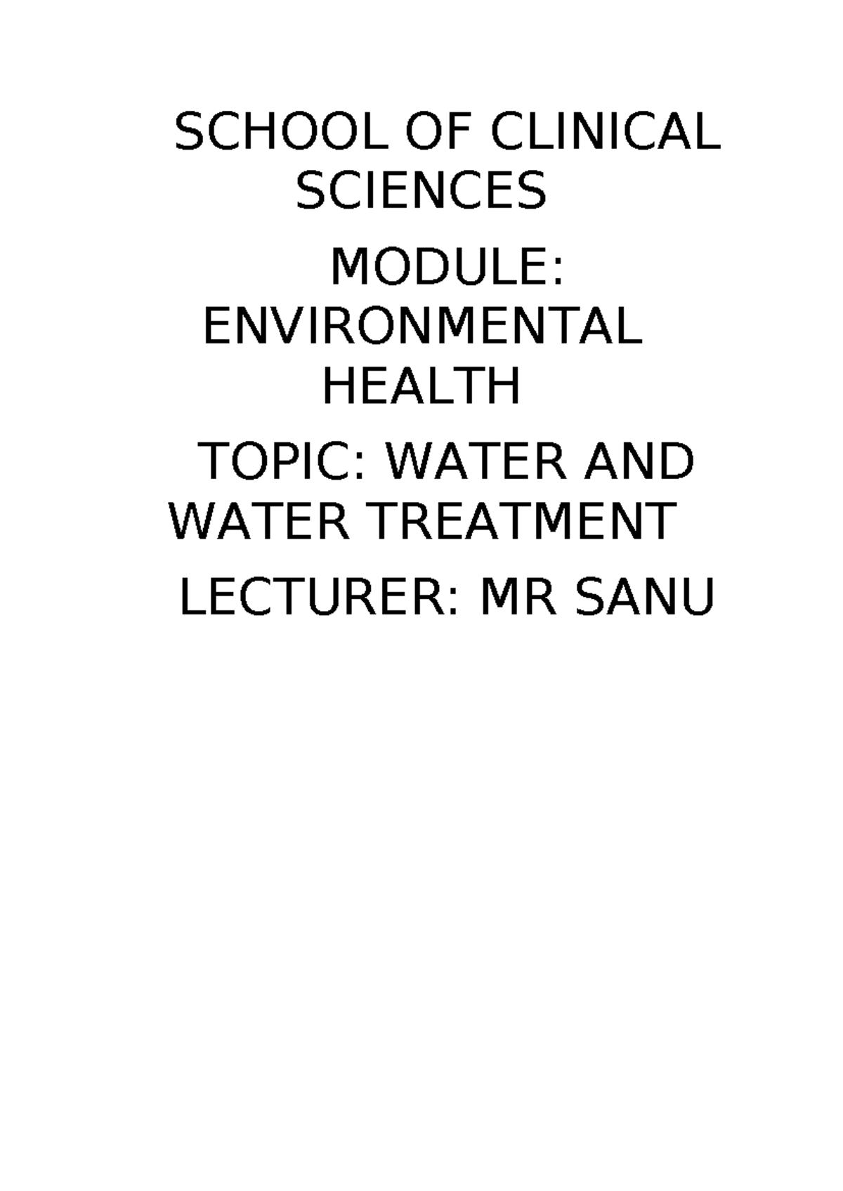 Environmental Health Module: Water and Water Treatment Overview - Studocu