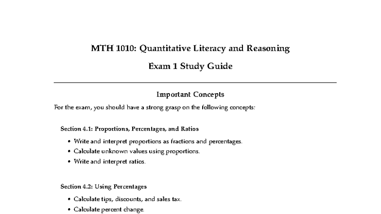 MTH 1010: Exam 1 Study Guide on Proportions & Percentages - Studocu