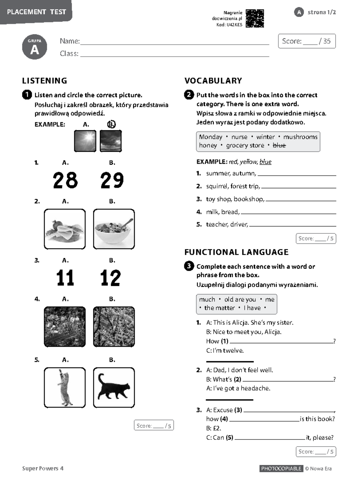 Super Powers 4 Placement Test - Listening & Vocabulary - Studocu