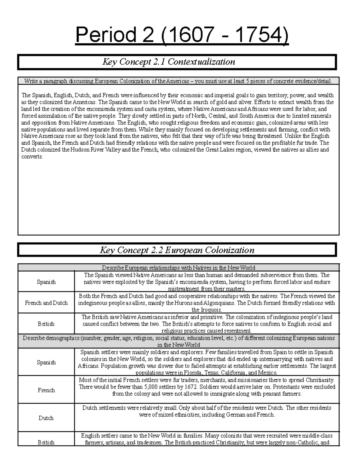 APUSH AMSCO Chapters 1 and 2 (Period 2) Reading Notes - Period 2 (1607 ...