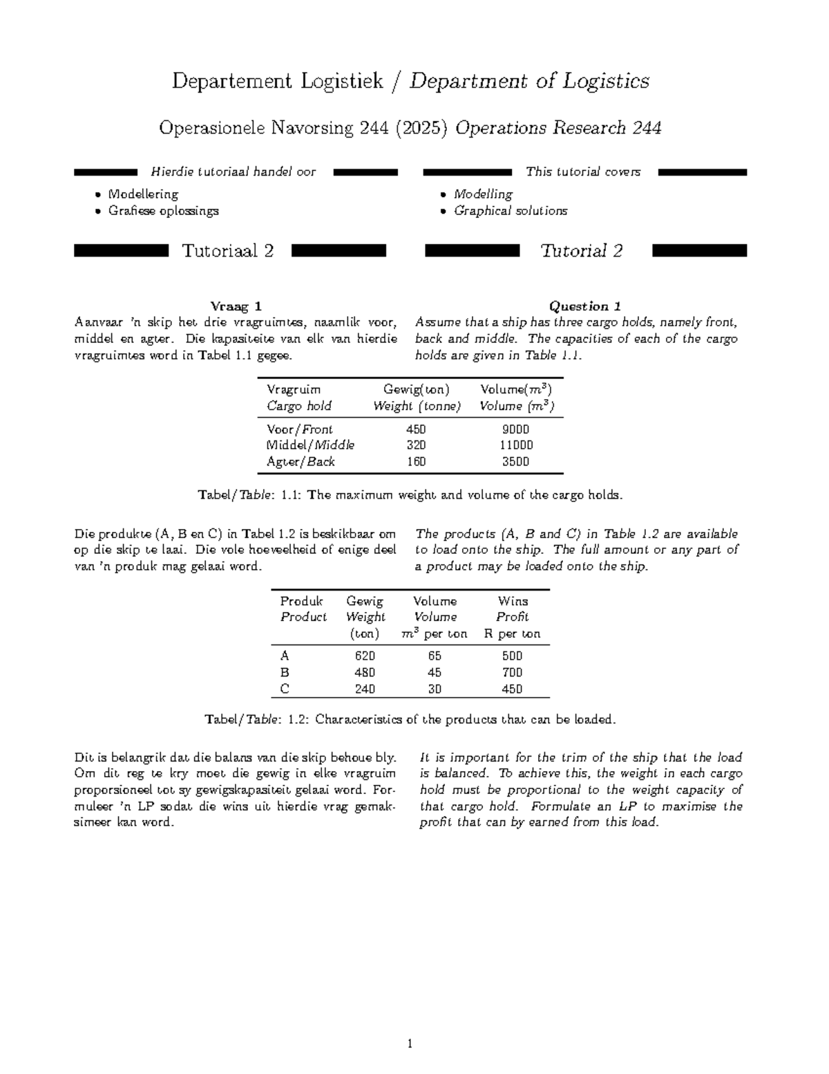 Operations Research 244: Tutorial 2 - LP Problems and Solutions - Studocu