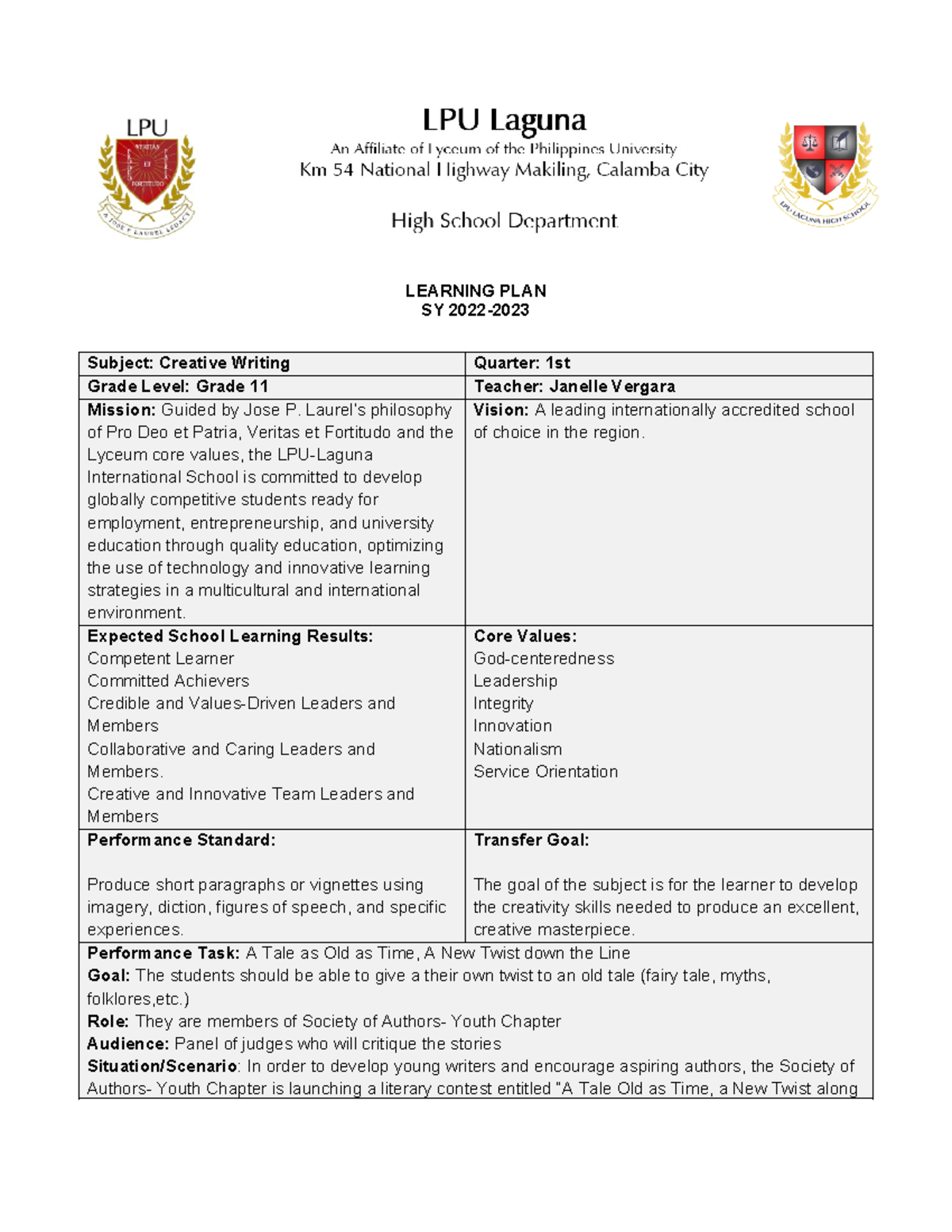 Vergara LP WEEK -6-8 1Q CW - E LEARNING PLAN SY 2022- Subject: Creative Writing Quarter: 1st ...