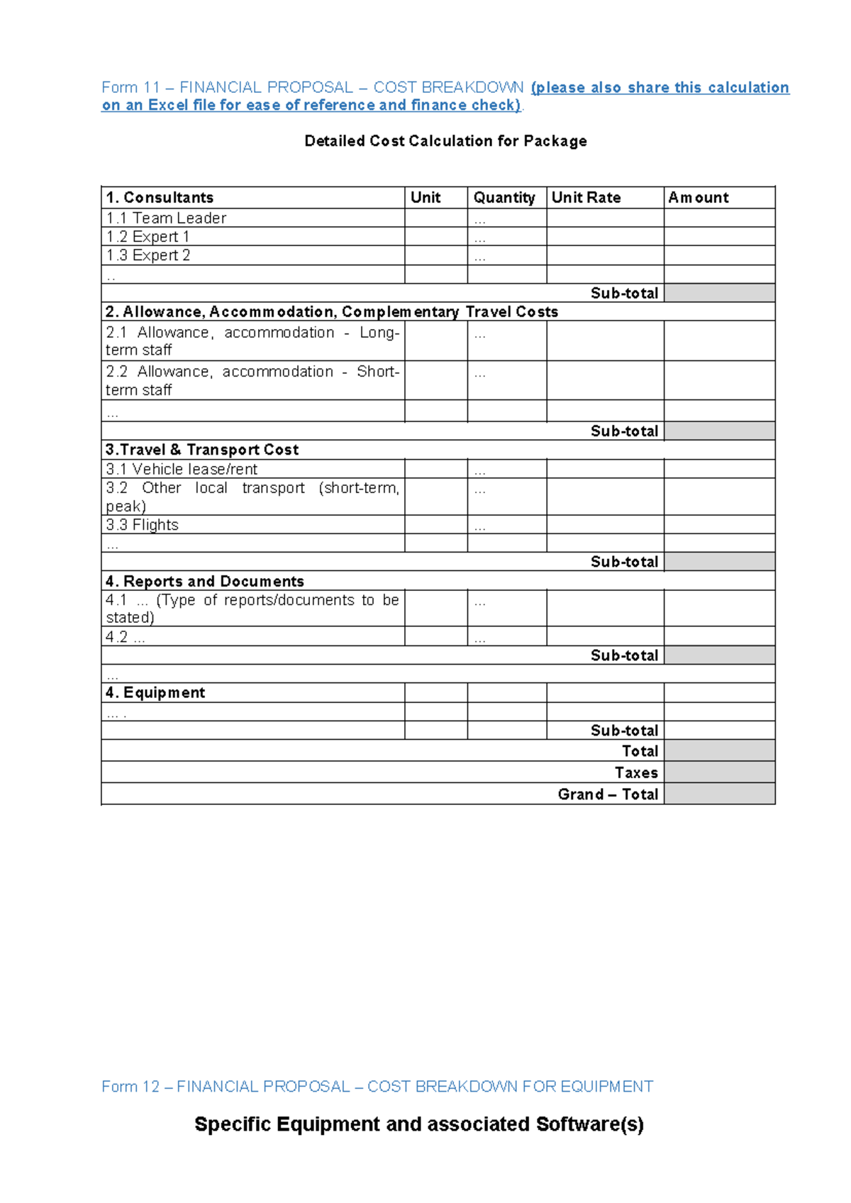 Form 11: Financial Proposal Cost Breakdown for Package 1 - Studocu