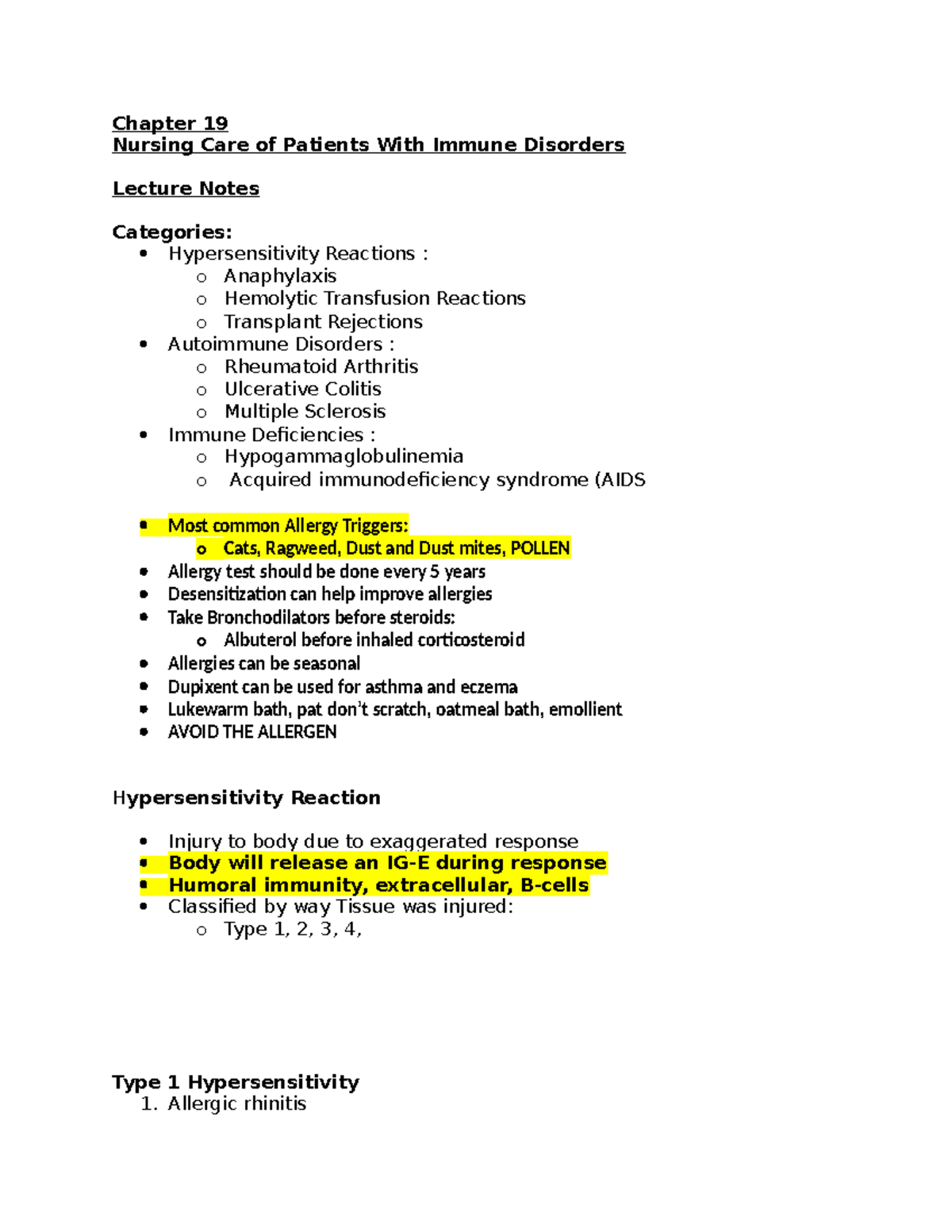 Chp 19 Nursing Care: Immune Disorders & Hypersensitivity Reactions ...