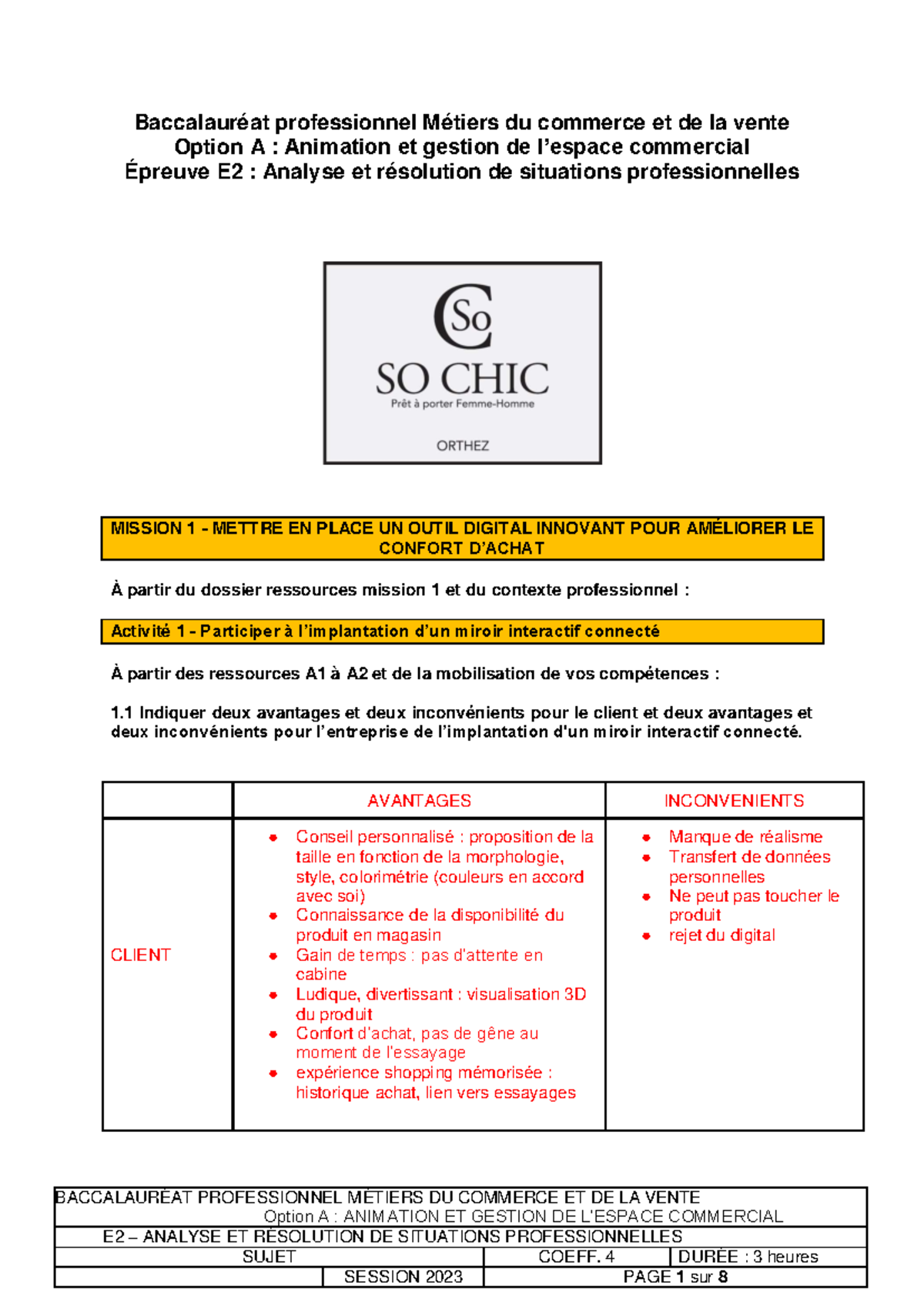 Bac Pro MCV A : Corrigé E2 - Analyse Situations Professionnelles 2023 - Studocu