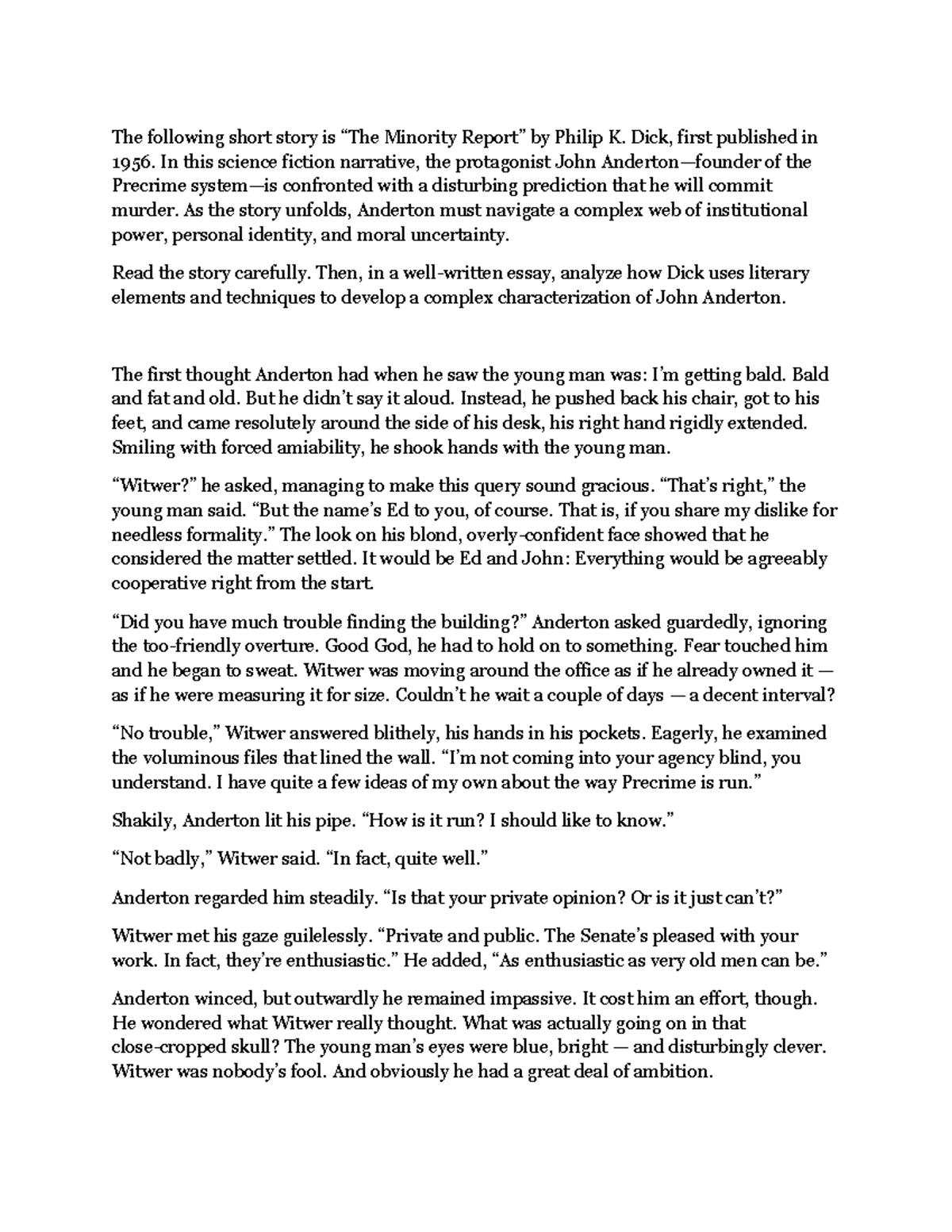Essay Analysis of Characterization in Philip K. Dick's Minority Report ...