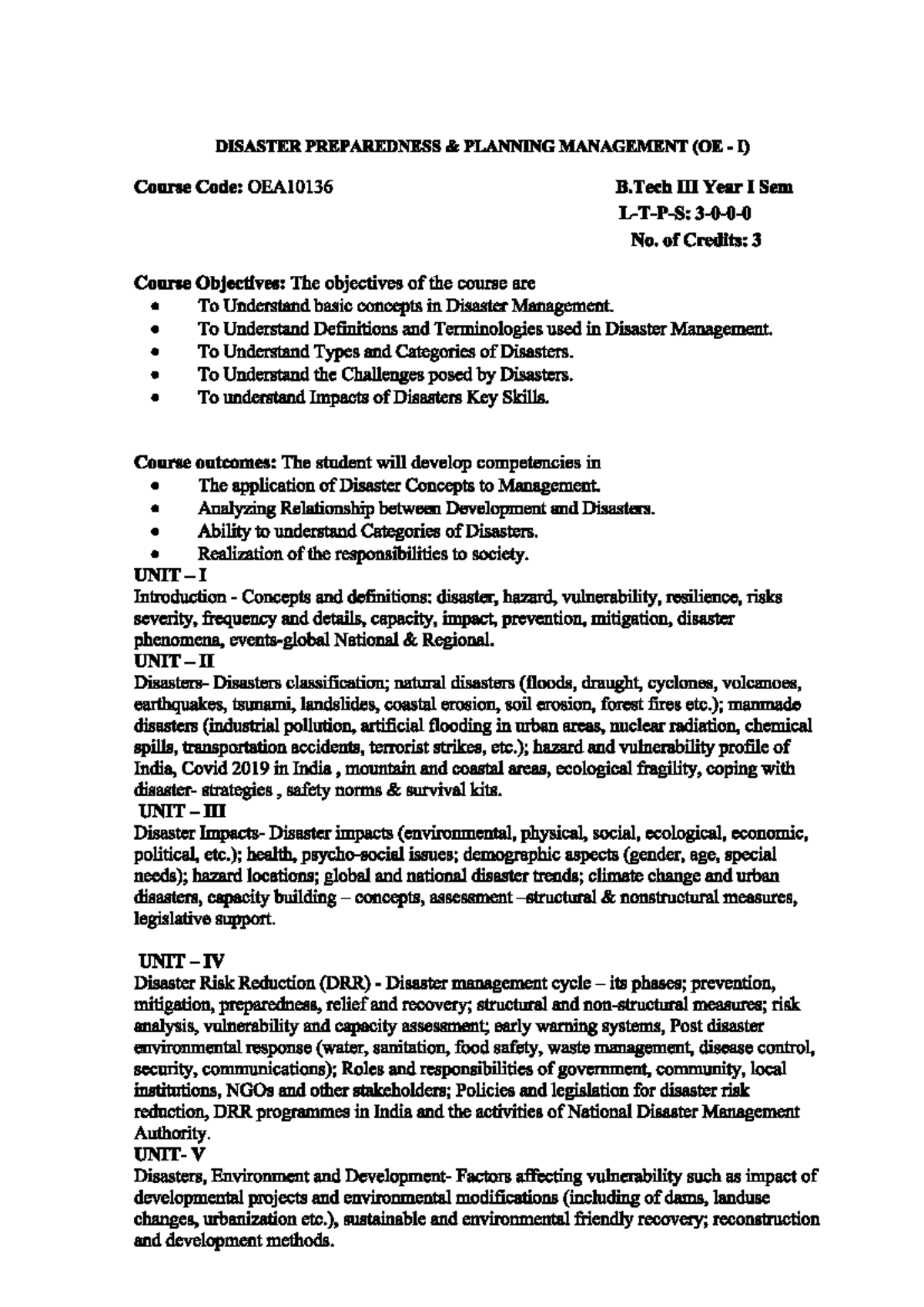 Disaster Management Syllabus (OE I) - OEA10136 B.Tech Year I - Studocu