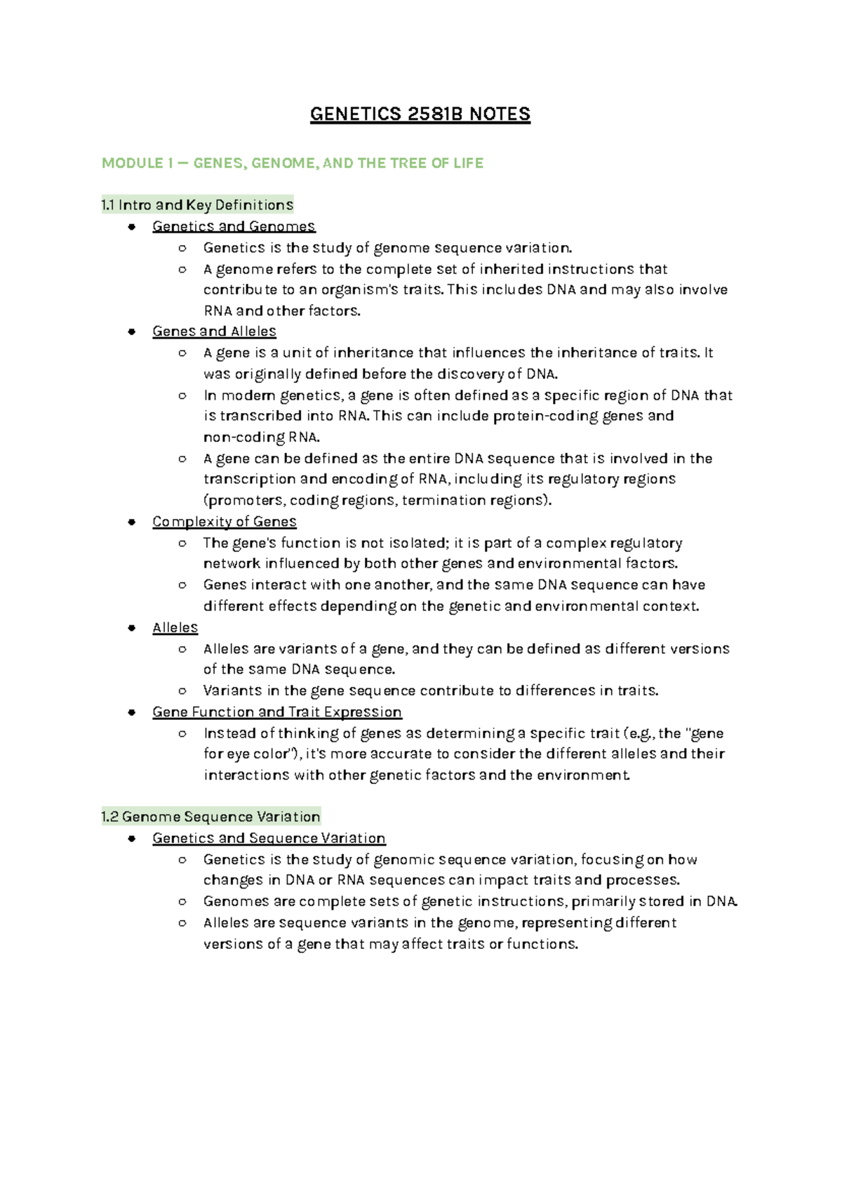 2581B Genetics Lecture Notes: Genes, Genome, and Evolution - Studocu