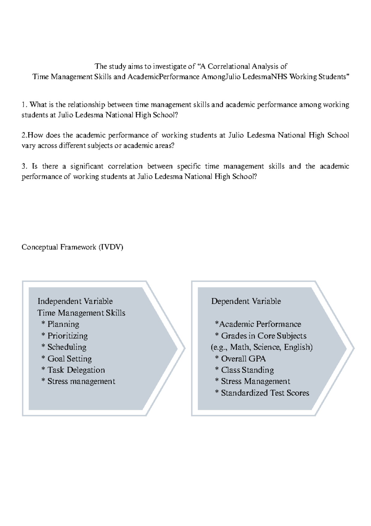 Correlational Analysis of Time Management & Academic Performance: Julio ...