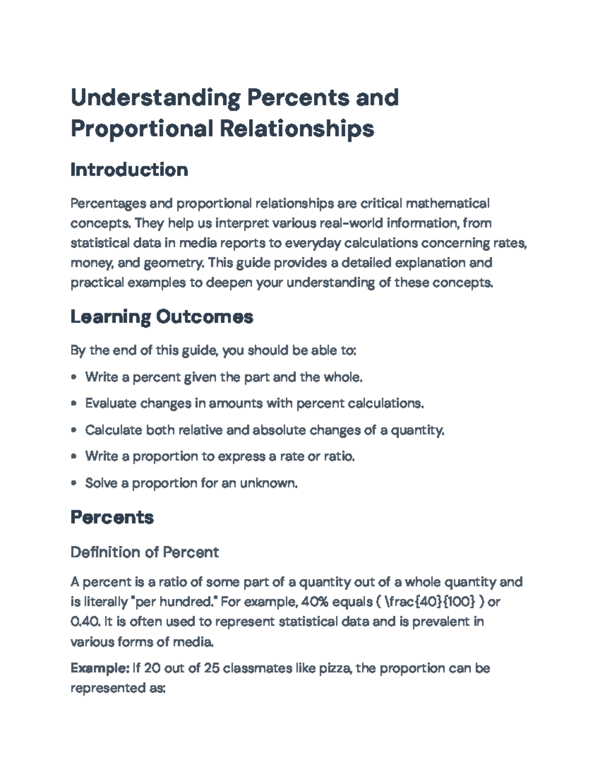 Understanding Percents and Proportional Relationships Guide ...