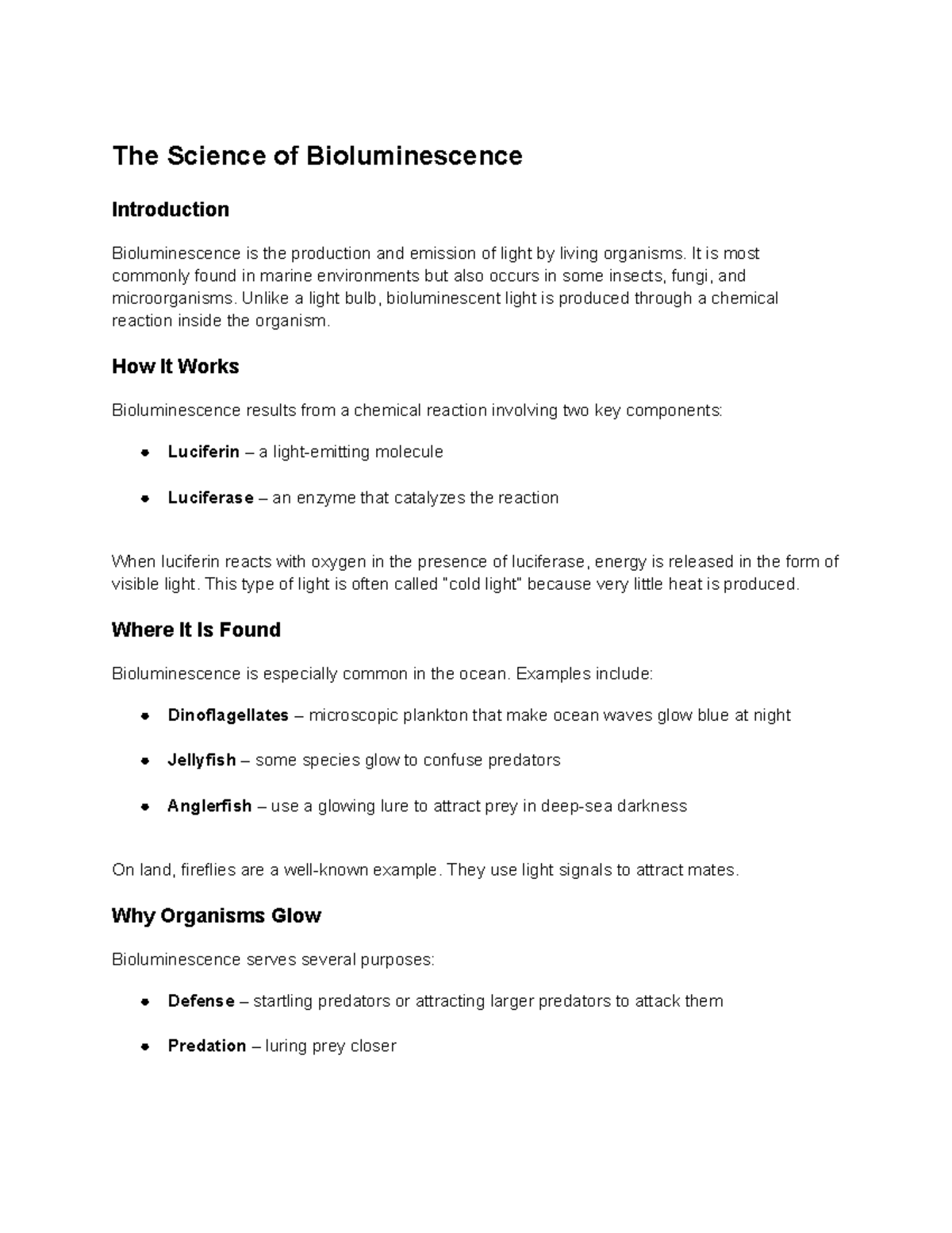 The Science of Bioluminescence: Mechanisms and Examples - Studocu