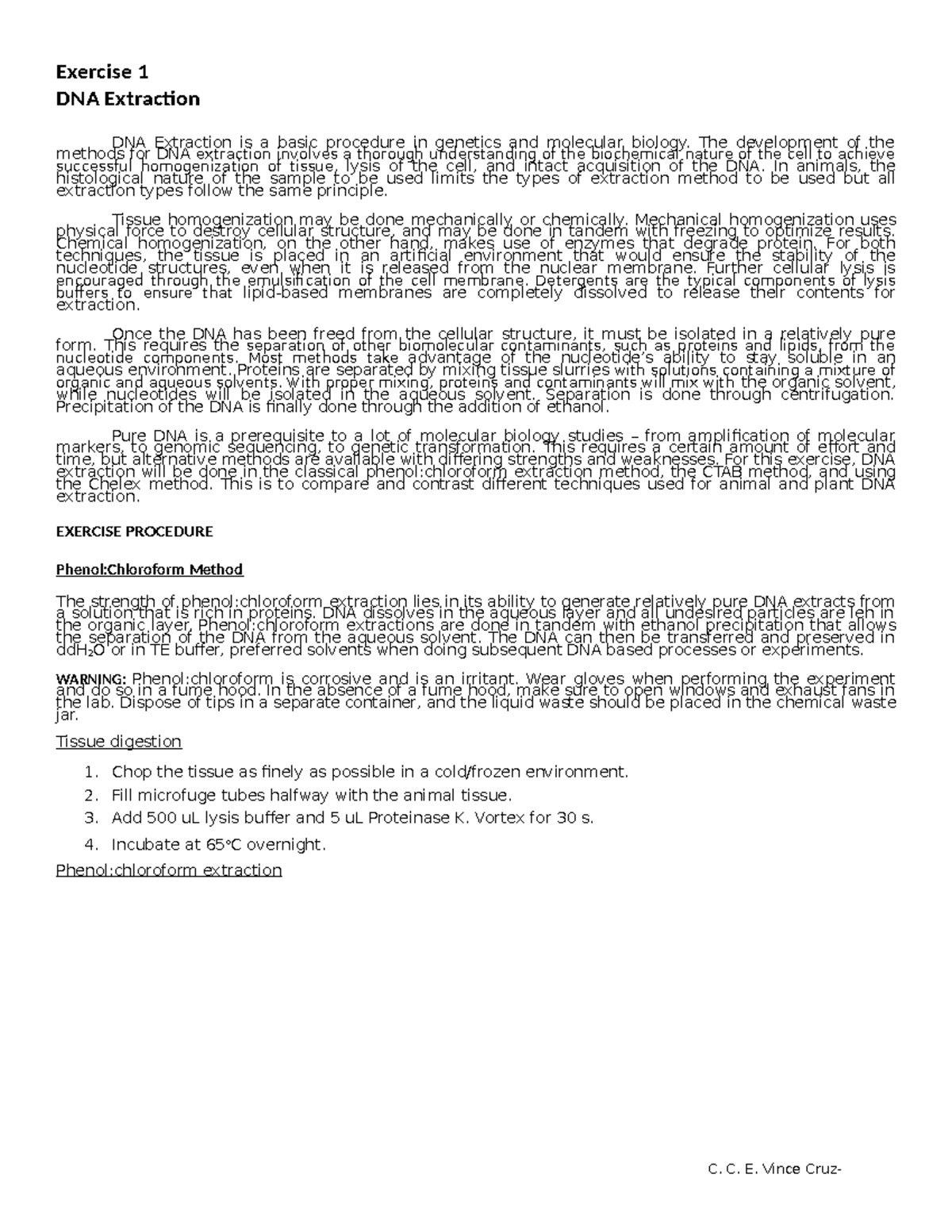 Exercise 1 DNA Extraction.docx - C. C. E. Vince Cruz- Exercise 1 DNA ...
