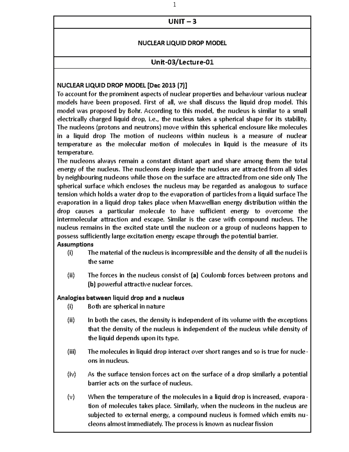 BE 201 Engineering Physics Unit 3: Nuclear Liquid Drop Model Notes ...