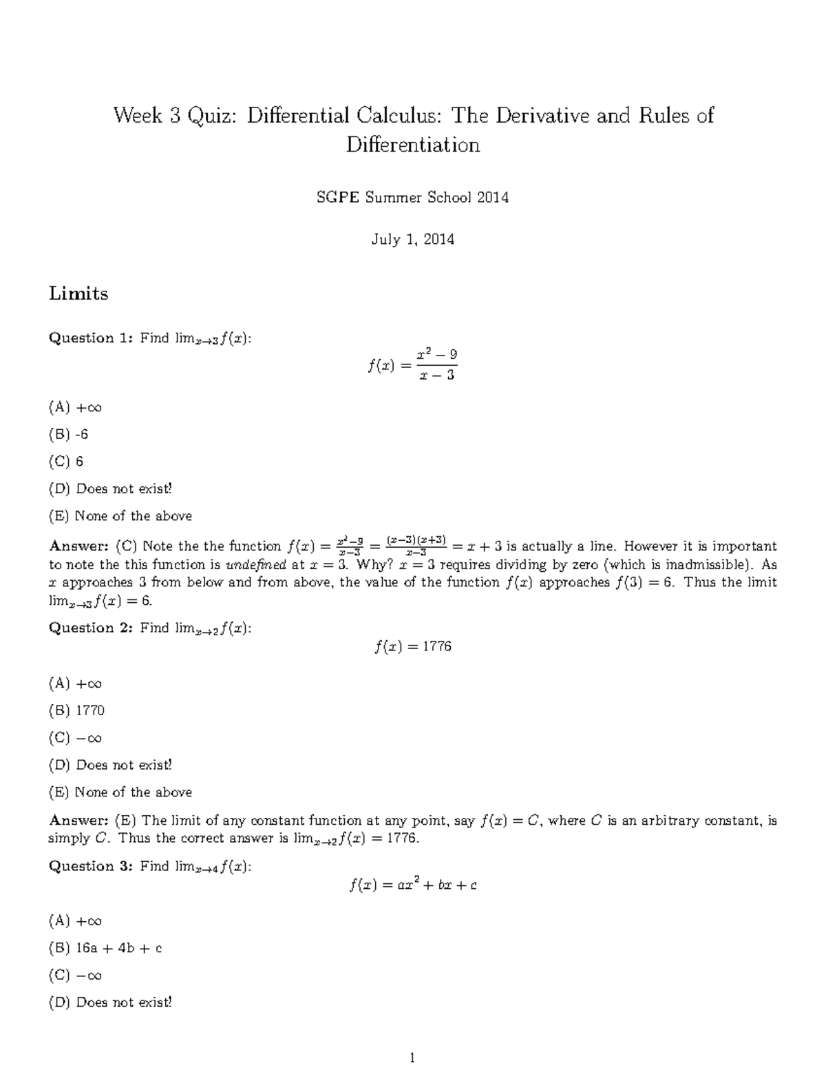 Differential Calculus Quiz SGPE Summer School 2014 Notes - Studocu