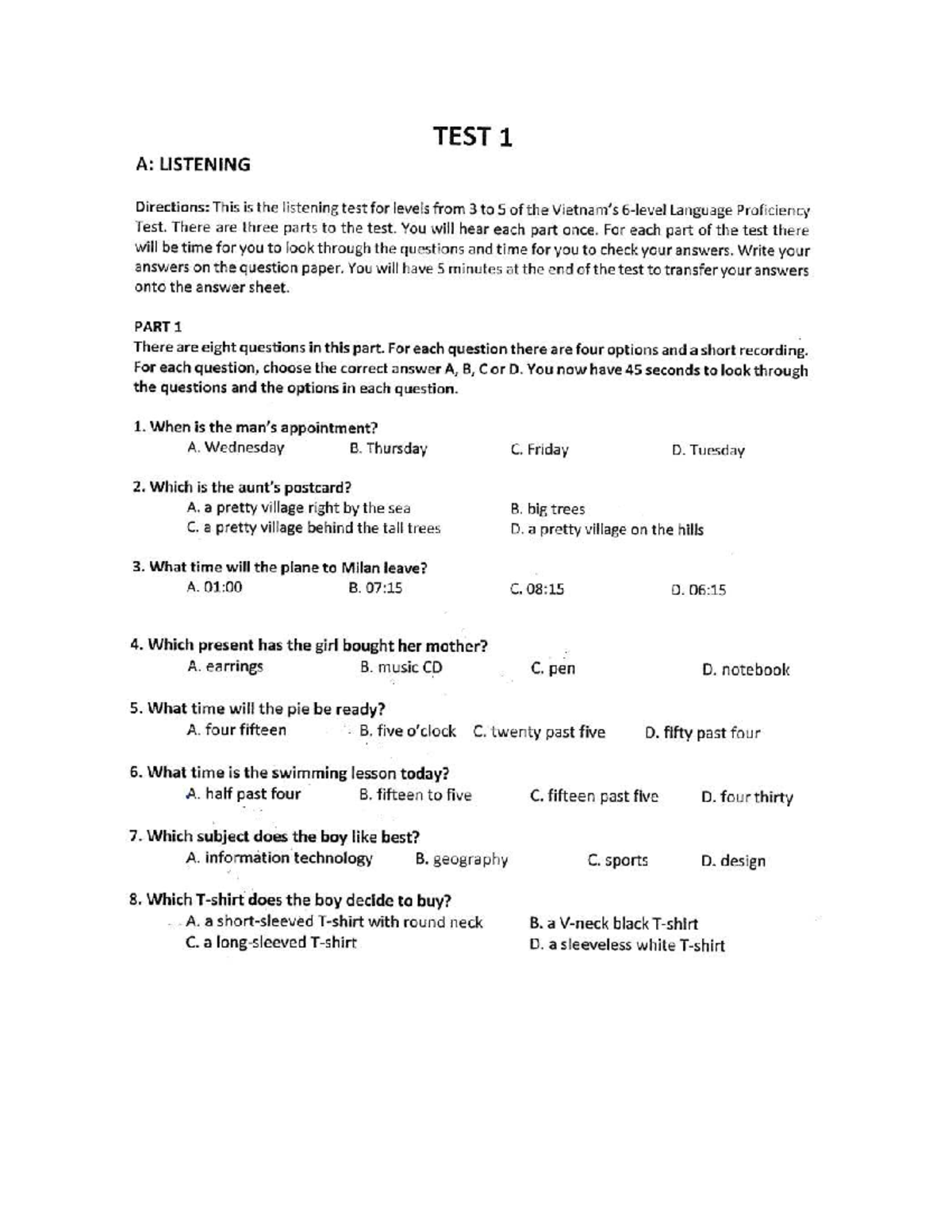 Btvn 5 - Nghe: Listening Test for Language Proficiency Levels 3-5 - Studocu