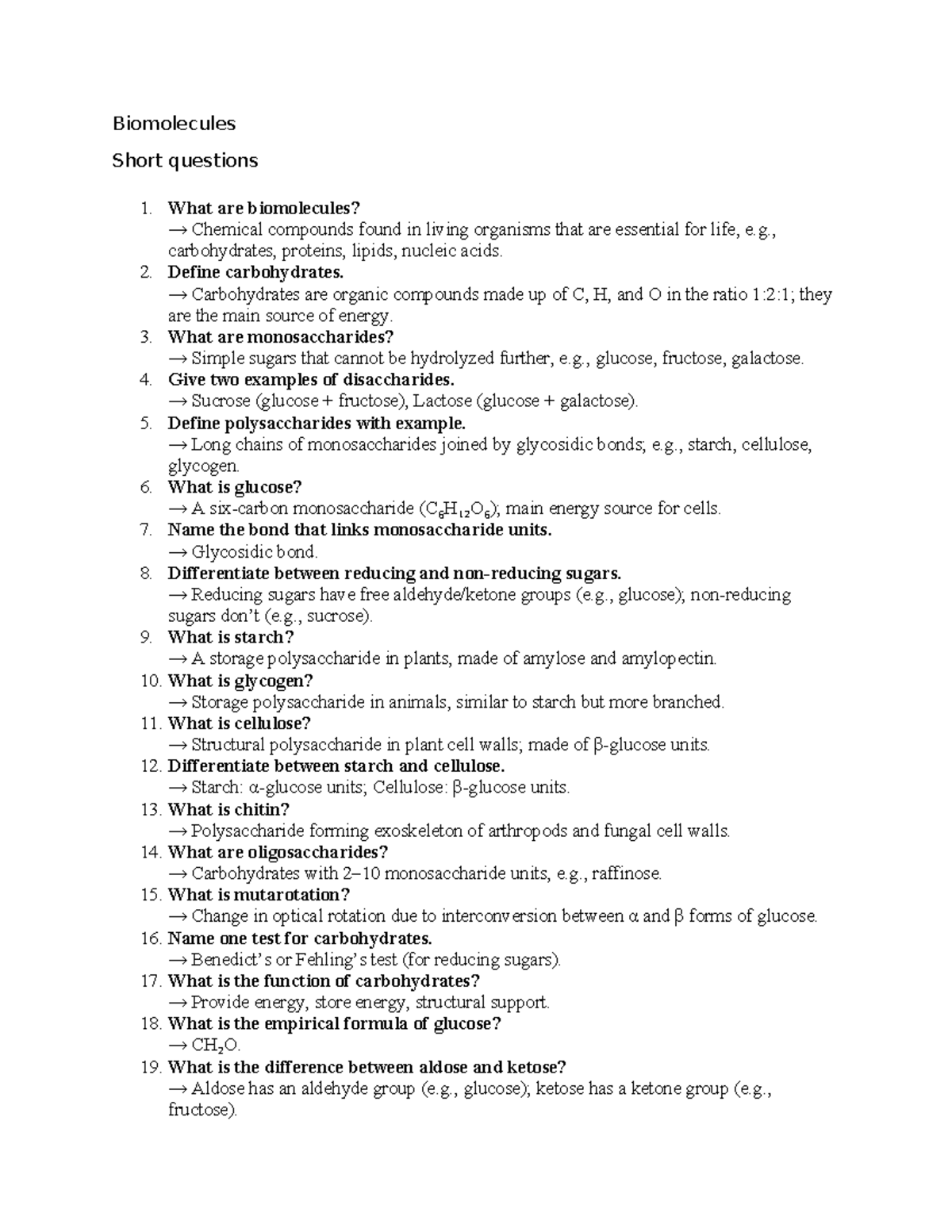 Biomolecules: Key Concepts and Short Questions for Study - Studocu