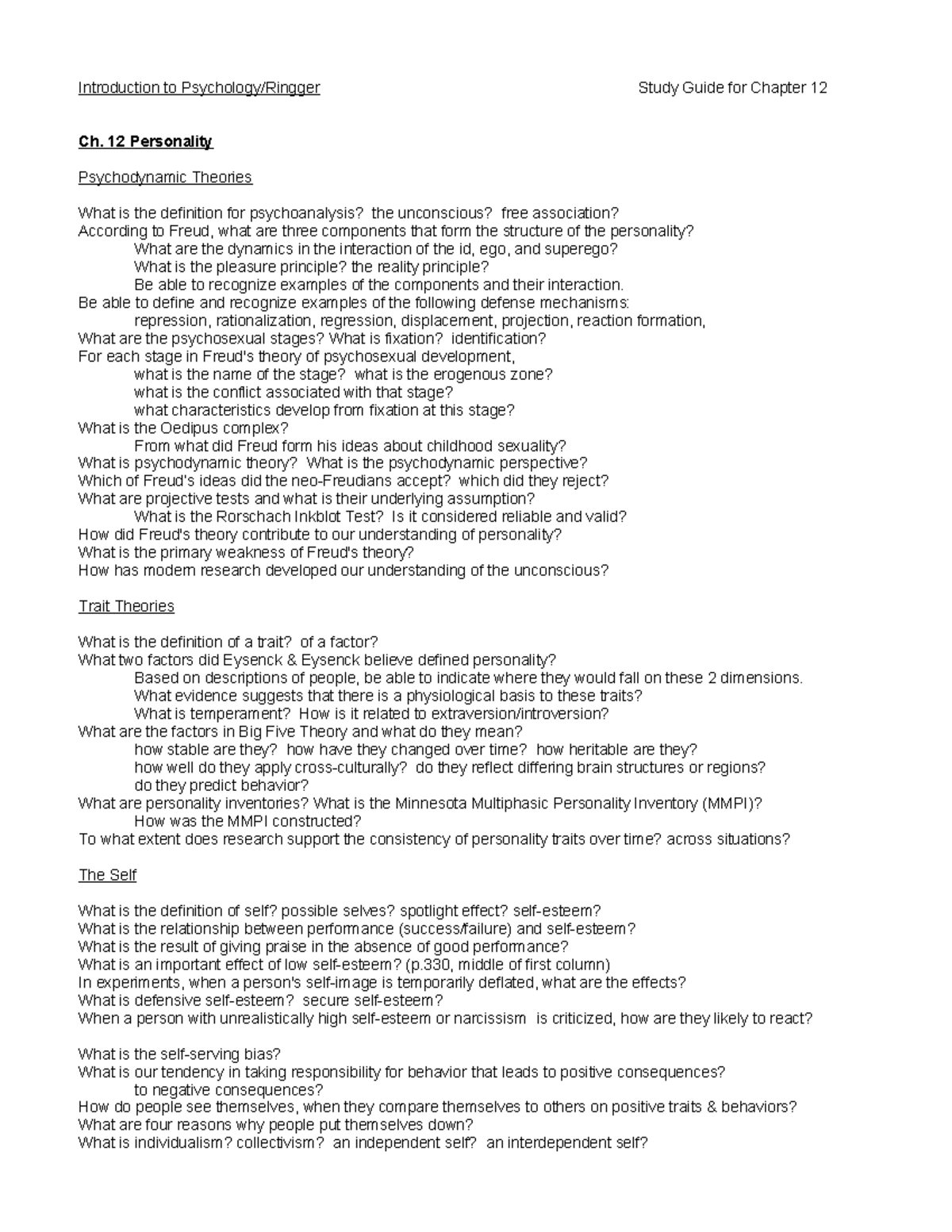 Study Guide for Chapter 12: Personality in Psychology - Studocu