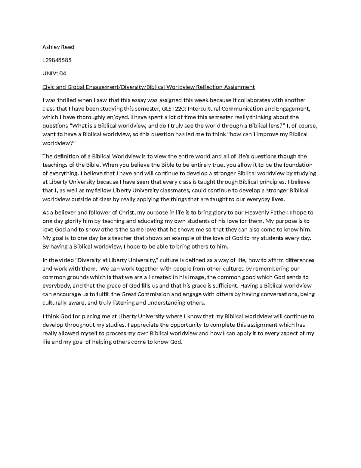 Civic and Global Engagement Reflection Essay - UNIV Course Overview ...