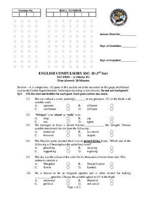 HSSC-I English Solution of Model Question Paper - Answer Sheet No. Sign ...