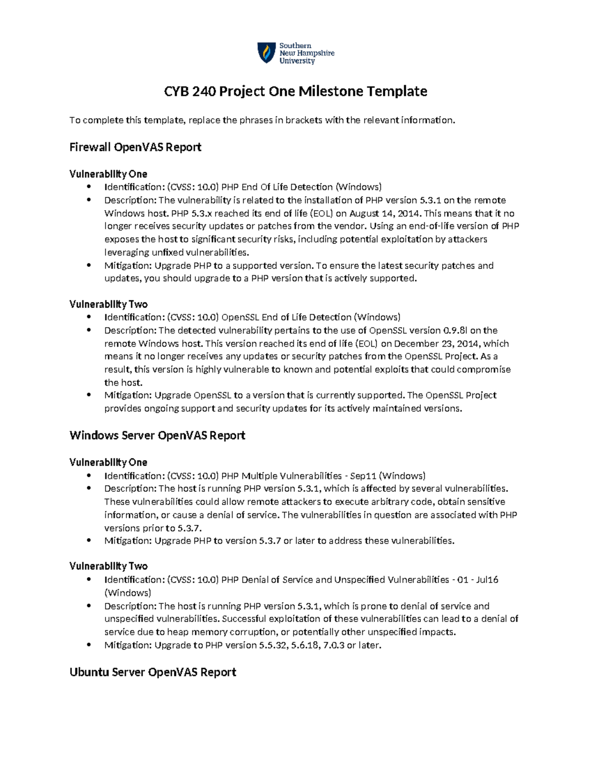 CYB 240 Project One: OpenVAS Vulnerability Assessment Template - Studocu