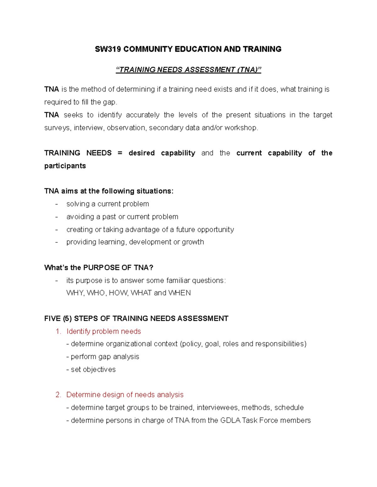 SW319 Training Needs Assessment (TNA) in Social Work Overview - Studocu