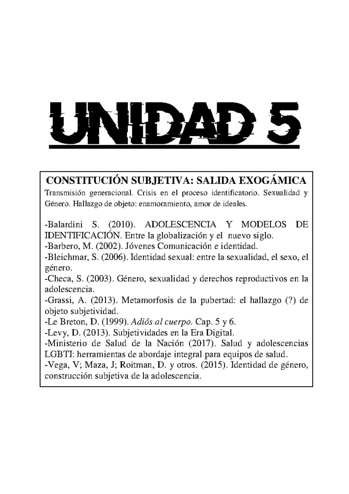 Unidad 5 - ADOLE CAT B - Unidad 5 CONSTITUCIÓN SUBJETIVA: SALIDA ...