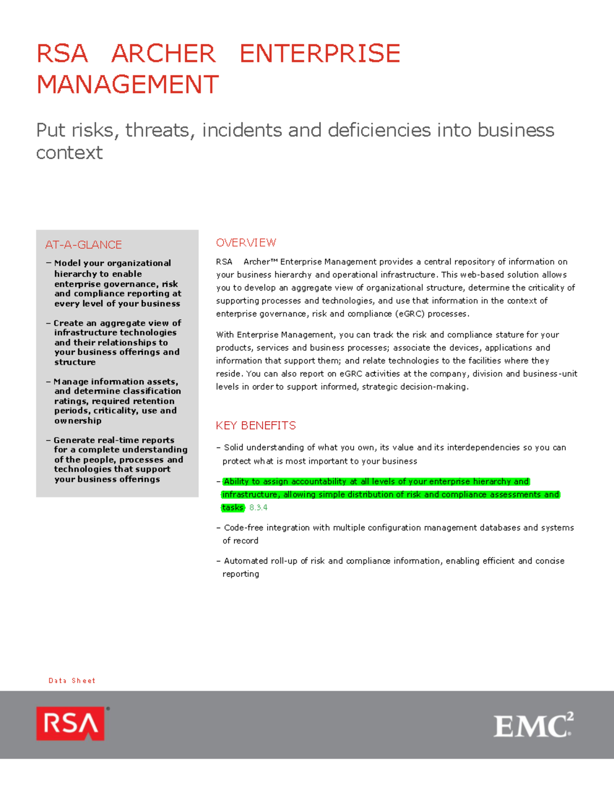 RSA Archer Enterprise Management Data Sheet: Risks & Compliance ...