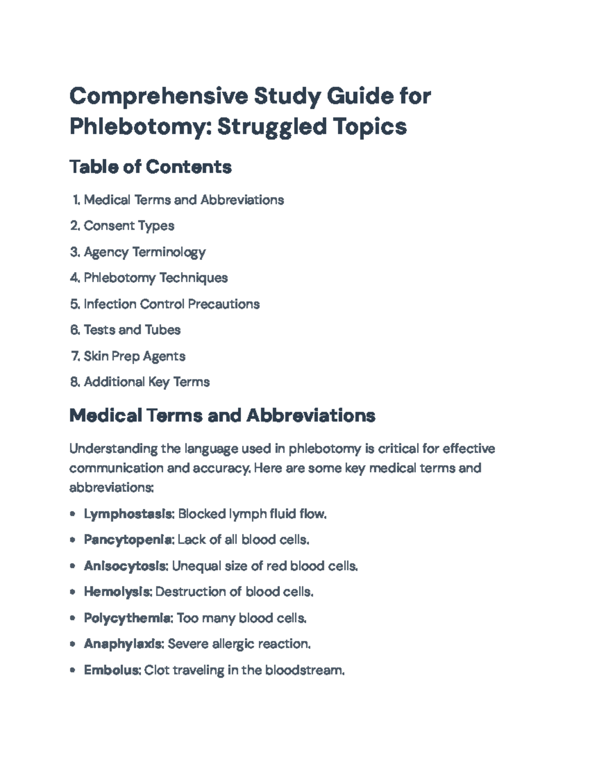 Comprehensive Study Guide for Phlebotomy Techniques and Terminology ...