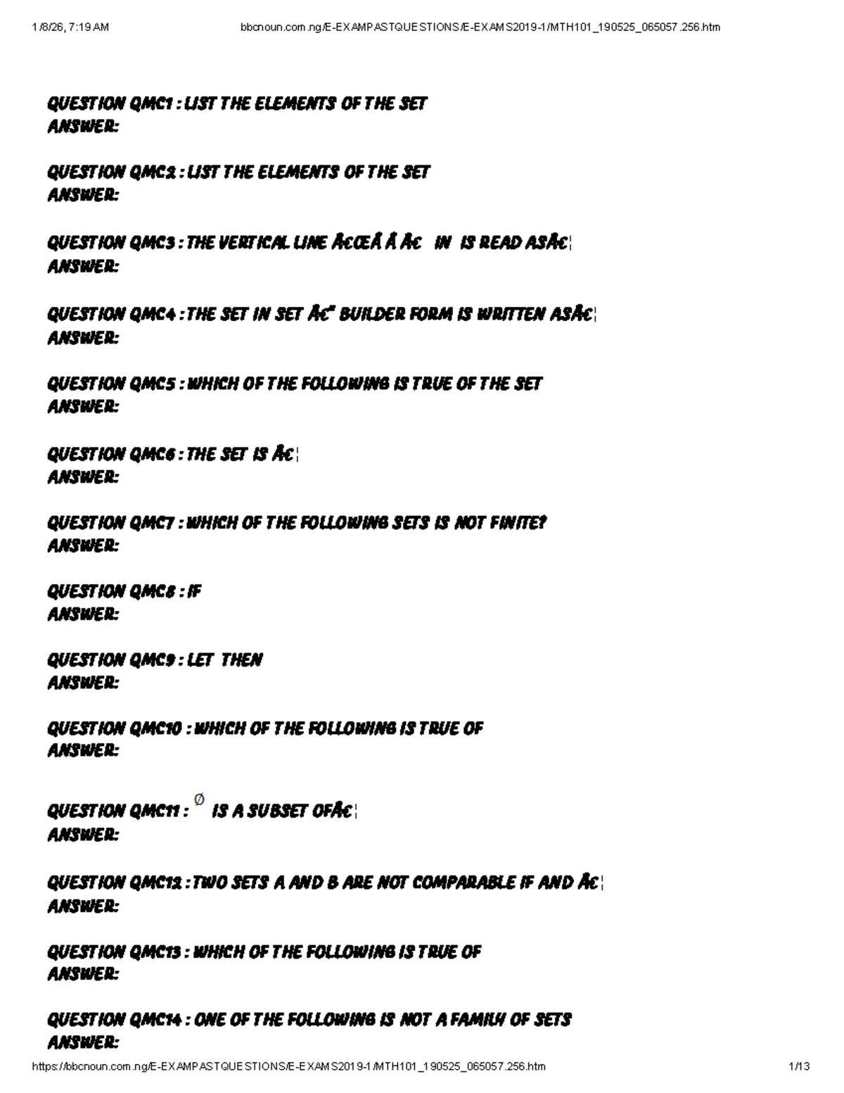 MTH101 2019-1 Exam Questions and Answers on Set Theory - Studocu