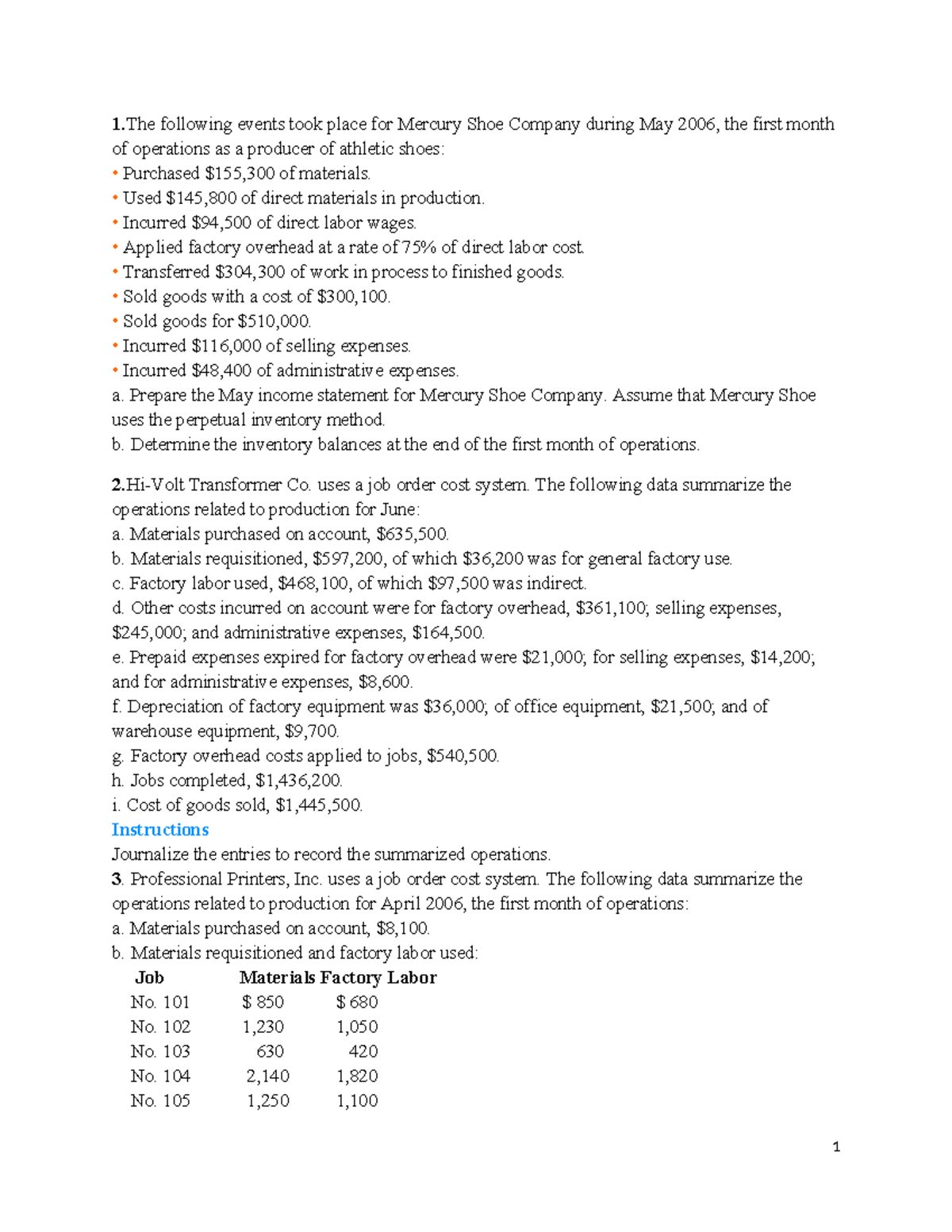 Cost and Management Accounting I Exercises: Job Order Costing Analysis ...